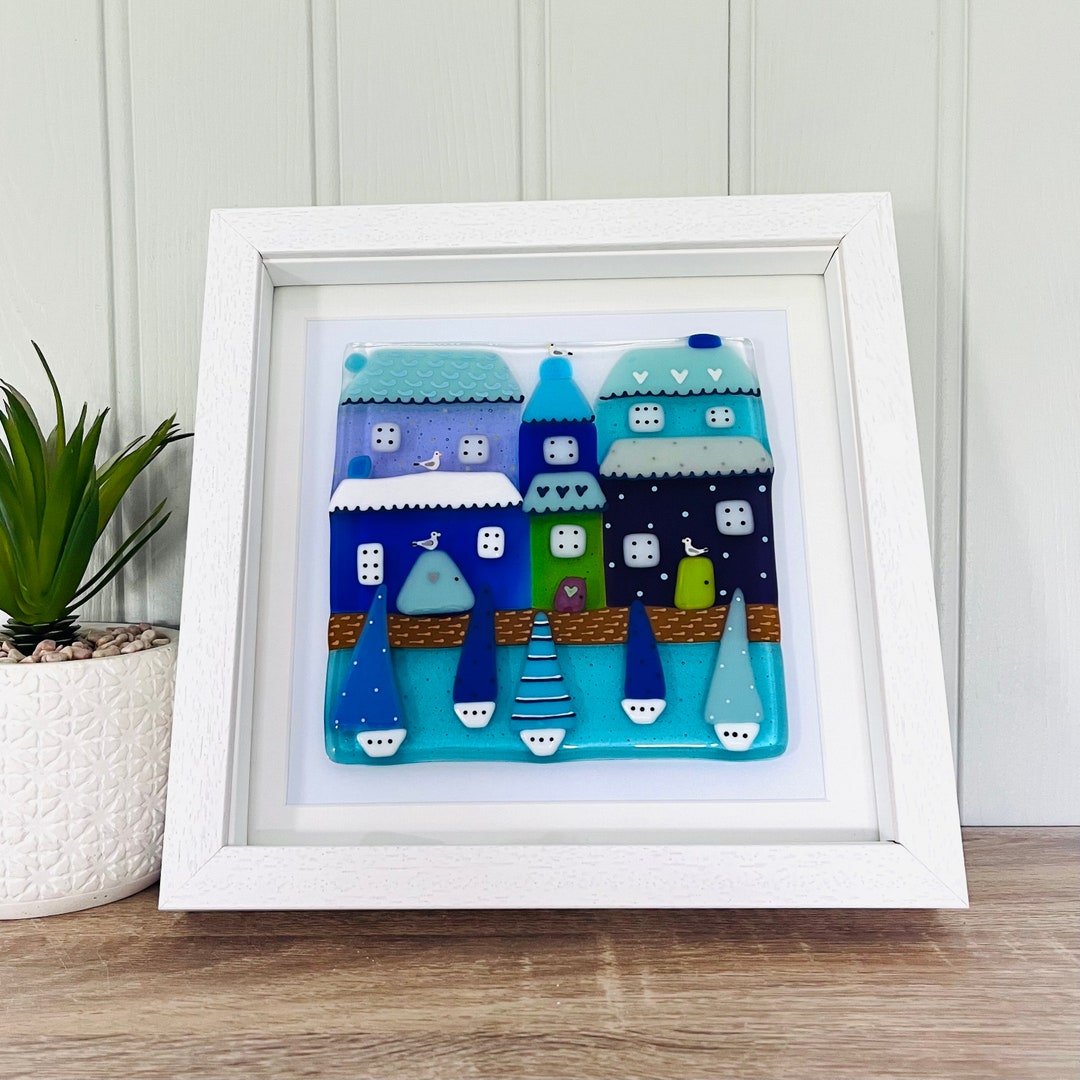 Beautiful Fused Glass Cornish Seaside Harbour Art, Fused Glass Art ...