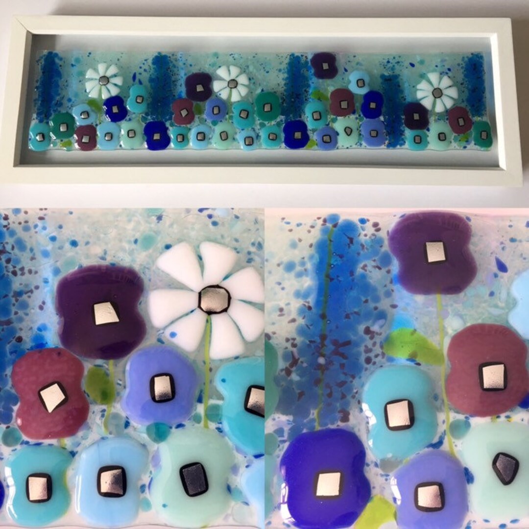 Fused Glass Art Beautiful Blue Flower Meadow Framed Glass Picture ...