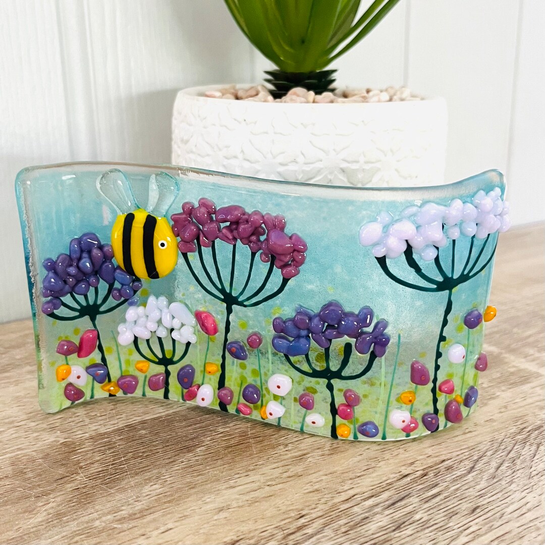 Fused Glass Flowers and Bees Art Freestanding Wave - Fused Glass ...