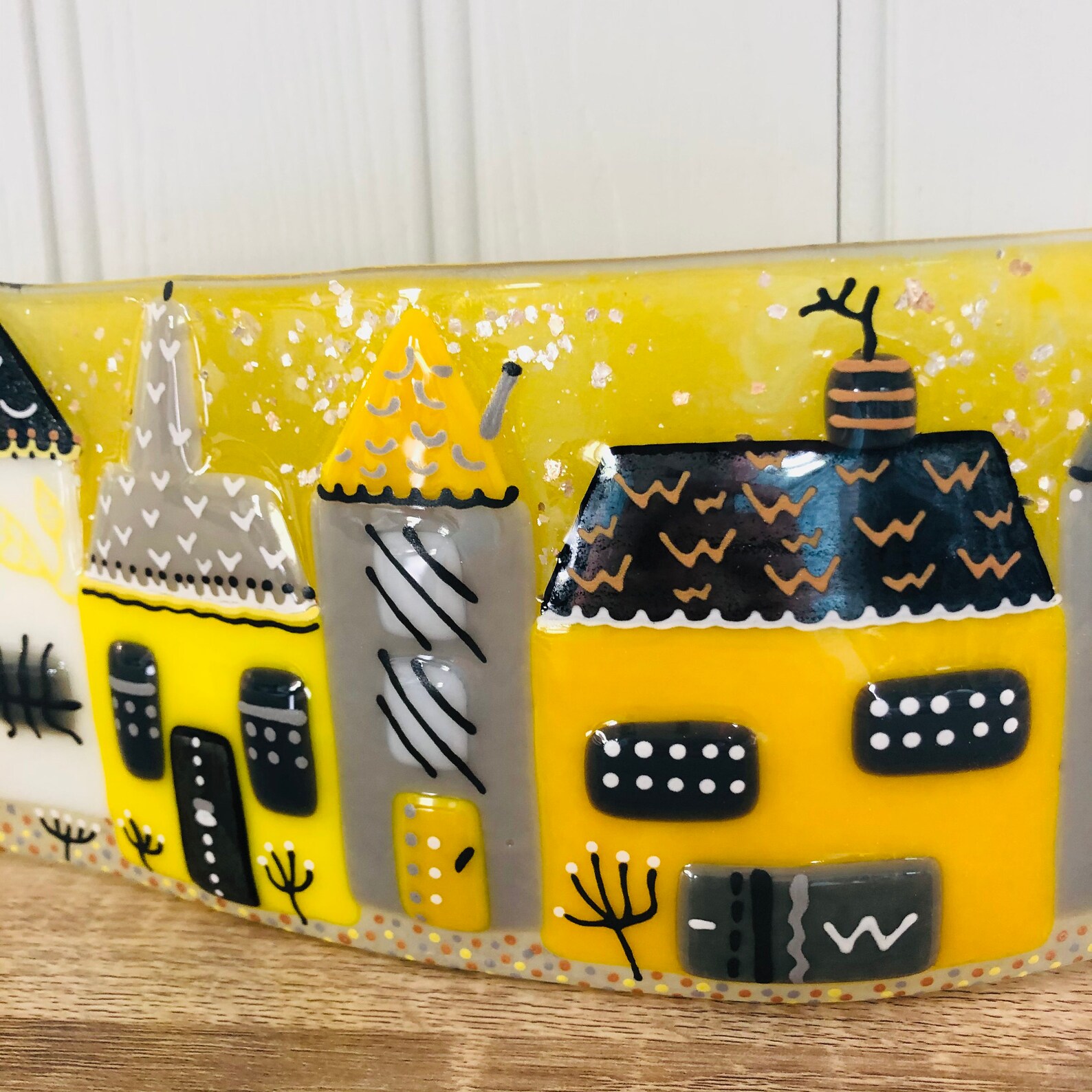Fused Glass Yellow & Grey Retro Houses Fused Glass Wave - Etsy