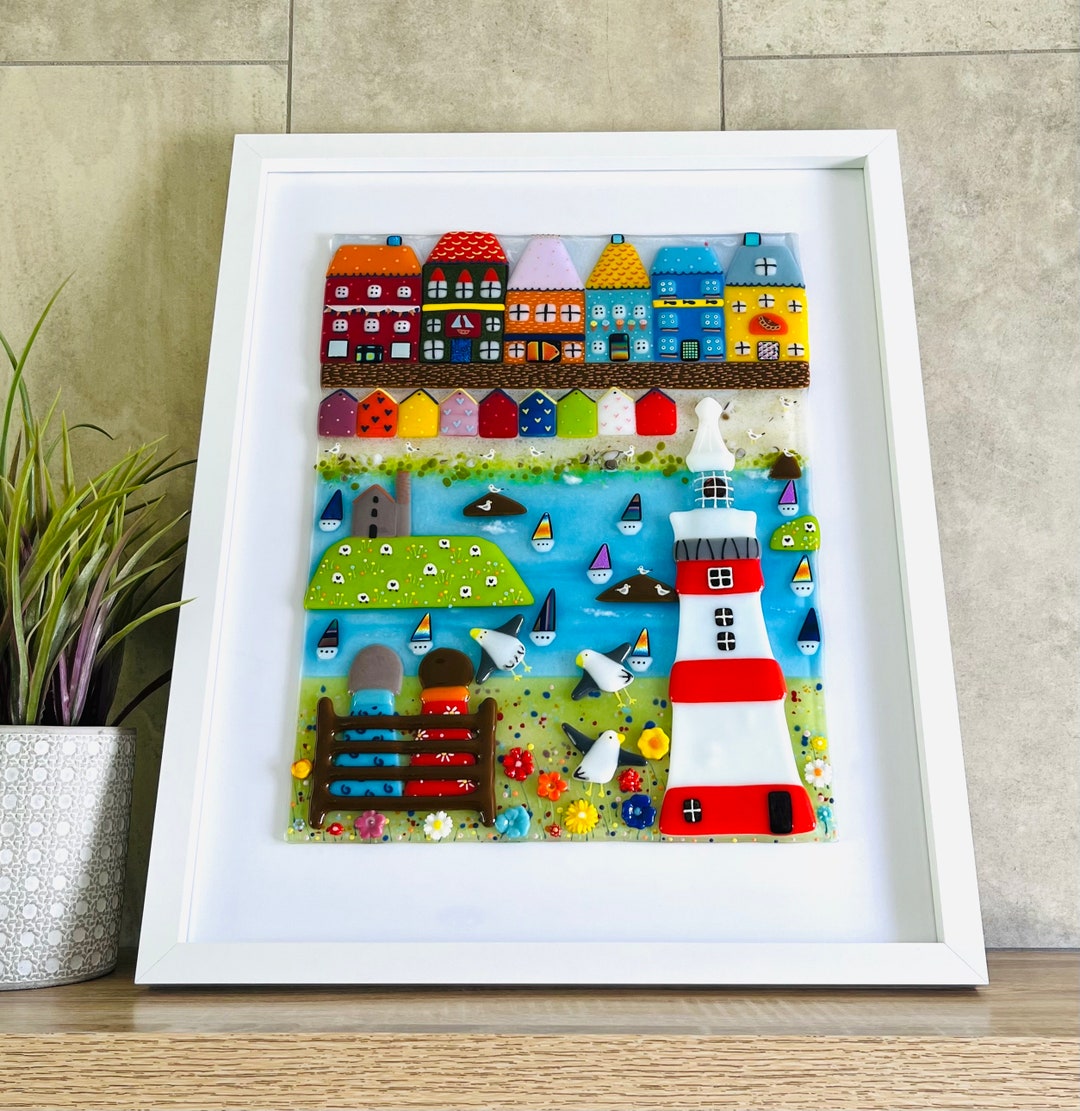 Fused Glass Cornish Seaside Harbour Town Framed Coastal Art, Cornish ...
