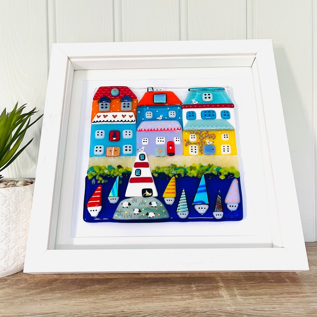 Beautiful Fused Glass Cornish Seaside Harbour Art, Fused Glass Art ...