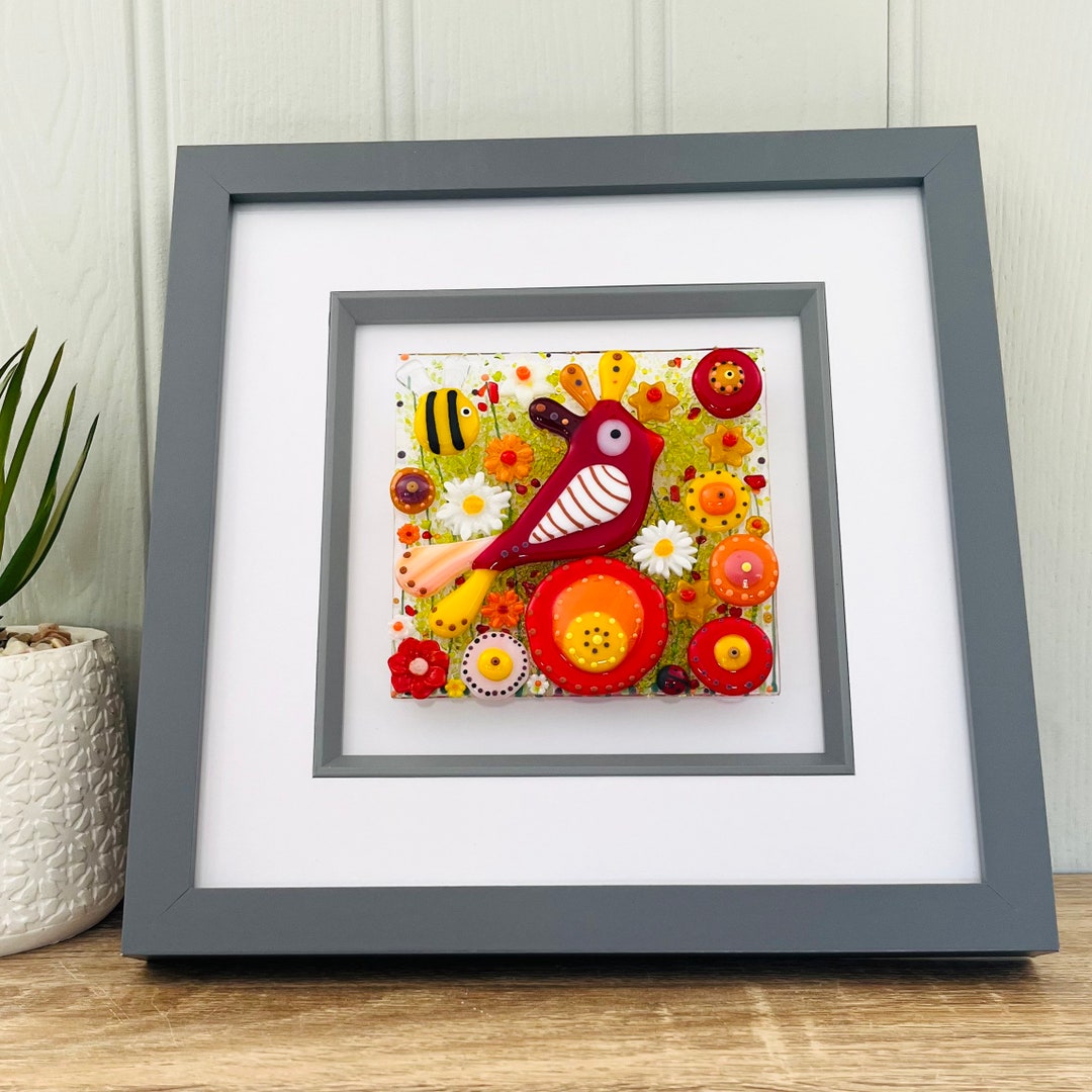 Fused Glass Funky Retro Bird and Flowers Art Fused Glass, Cornish Fused ...