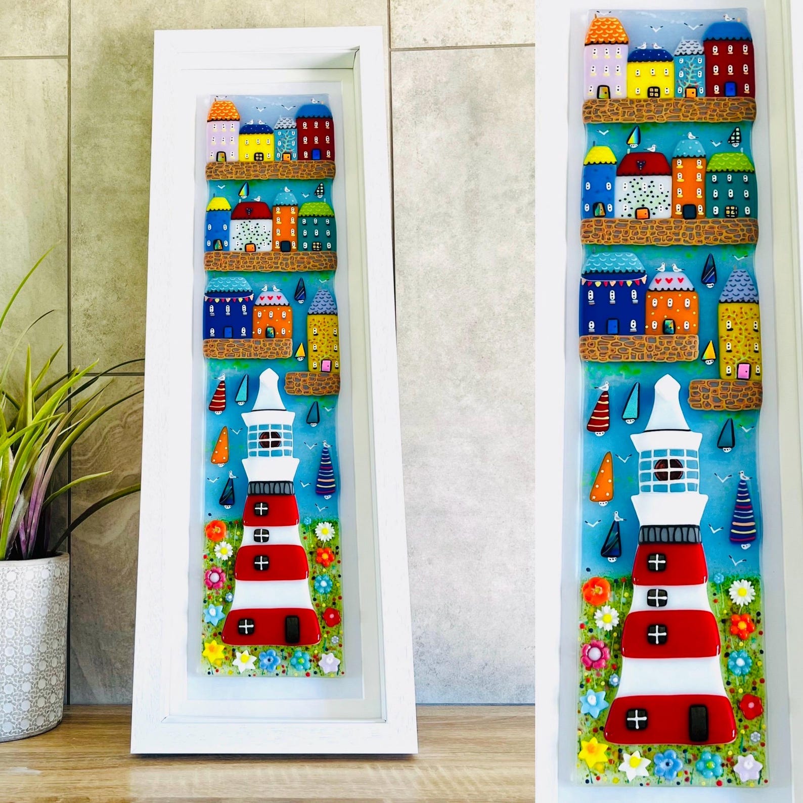 Fused Glass Devon Inspired Coastal Town With Lighthouse Framed Wall Art ...