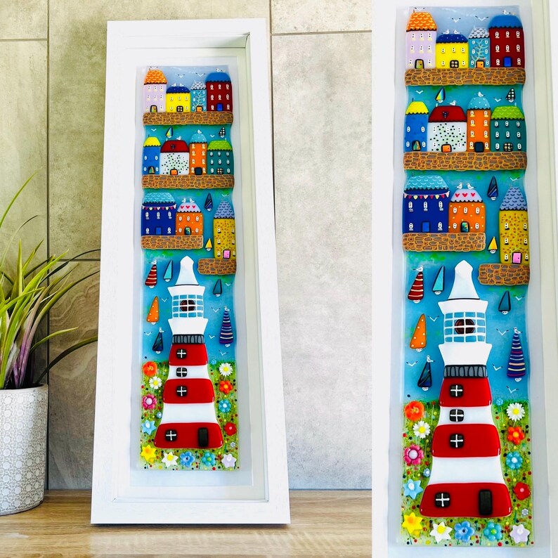 Fused Glass Devon Inspired Coastal Town With Lighthouse Framed Wall Art ...