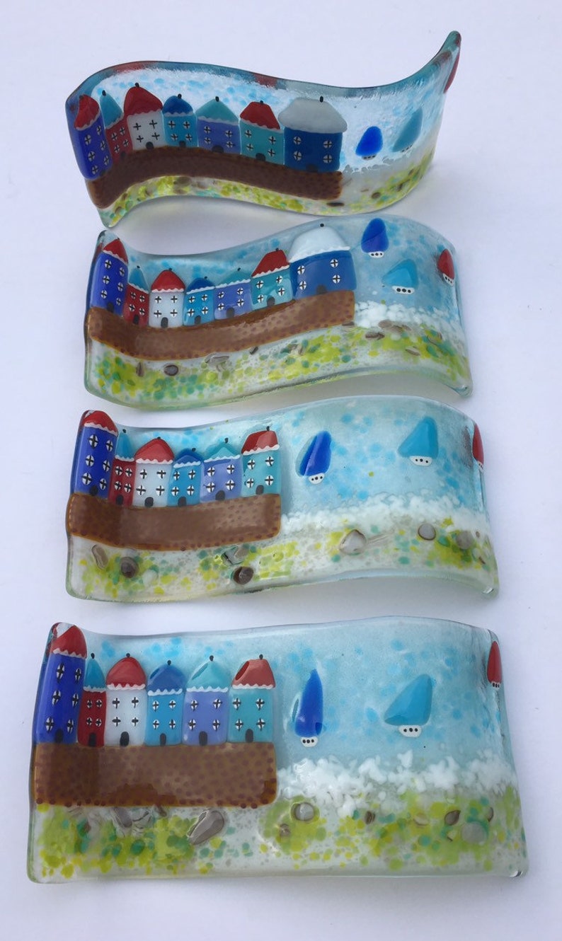 Fused Glass Art Cute Coastal Houses & Beach Hut Wave Fused | Etsy