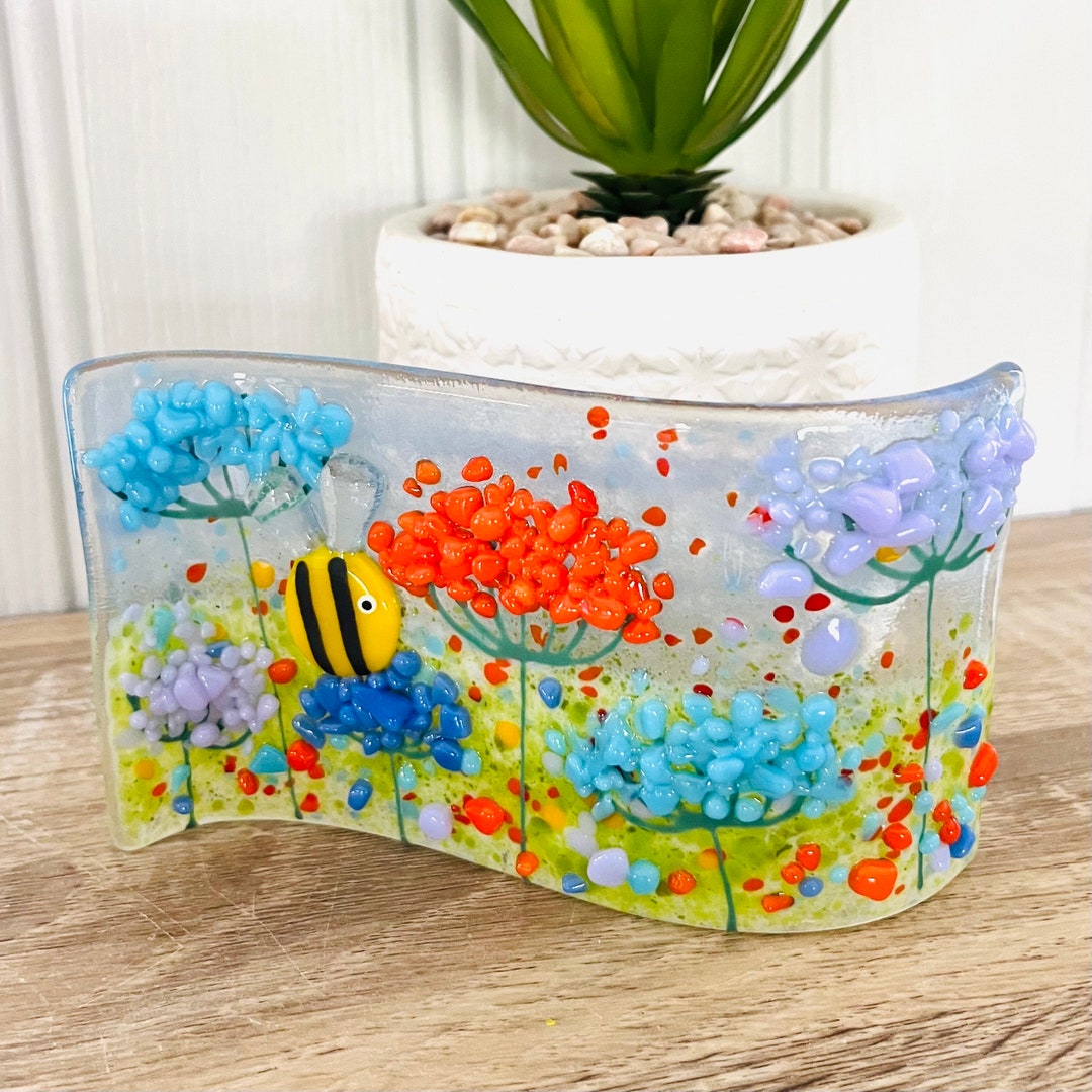 Fused Glass Flowers and Bees Art Freestanding Wave Fused - Etsy