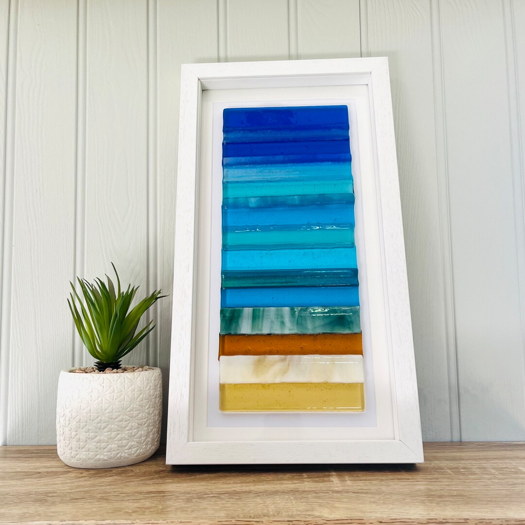 Fused Glass Cornish Sea and Sand Inspired Framed Wall Art, Cornish ...