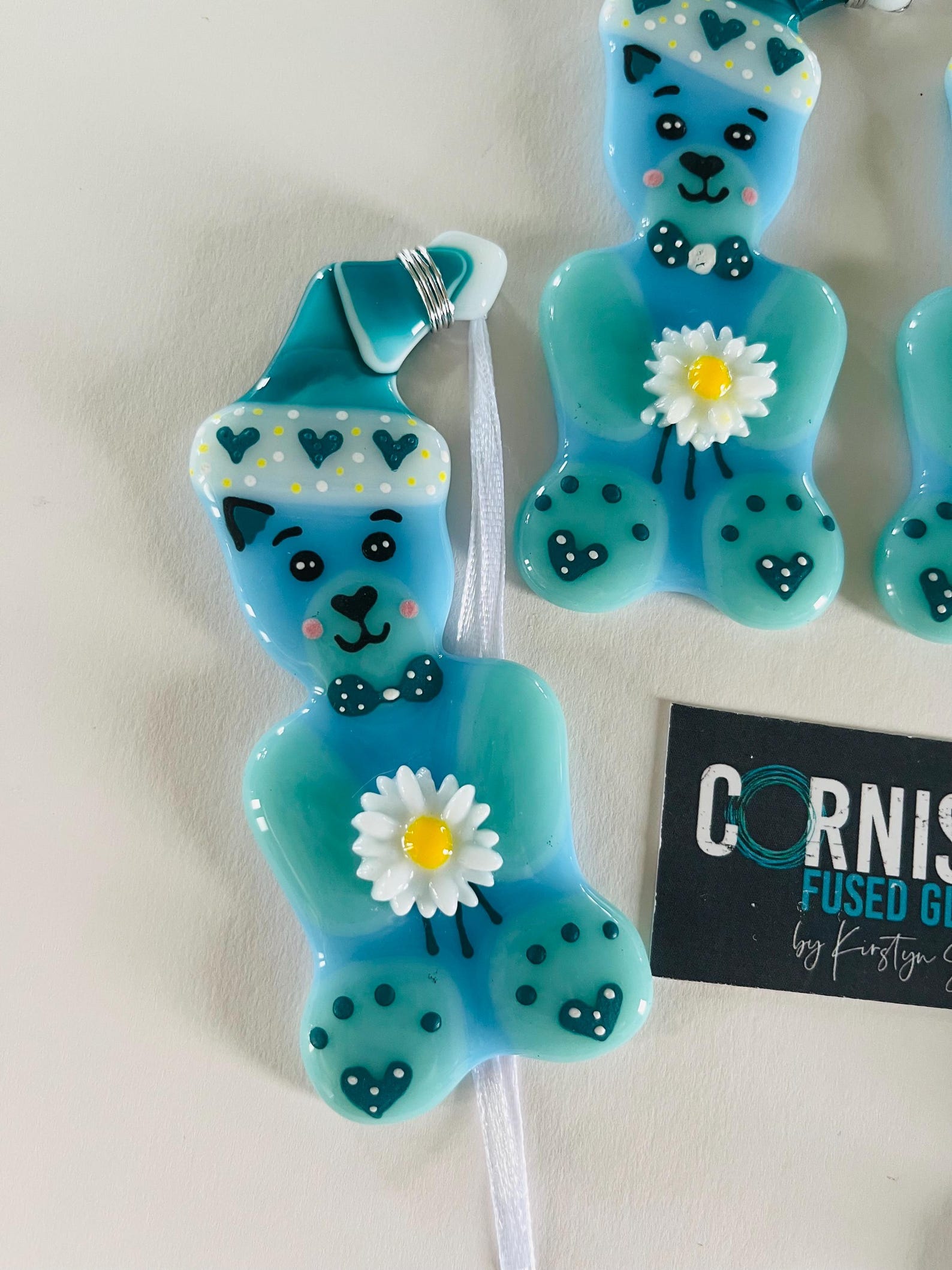Cute Blue Teddy Bear Fused Glass Decoration, Christmas Decoration ...
