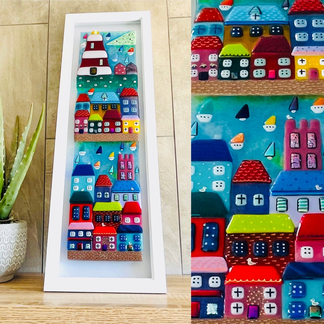 Fused Glass Cornish Coastal Town Framed Wall Art, Cornish Fused Glass ...