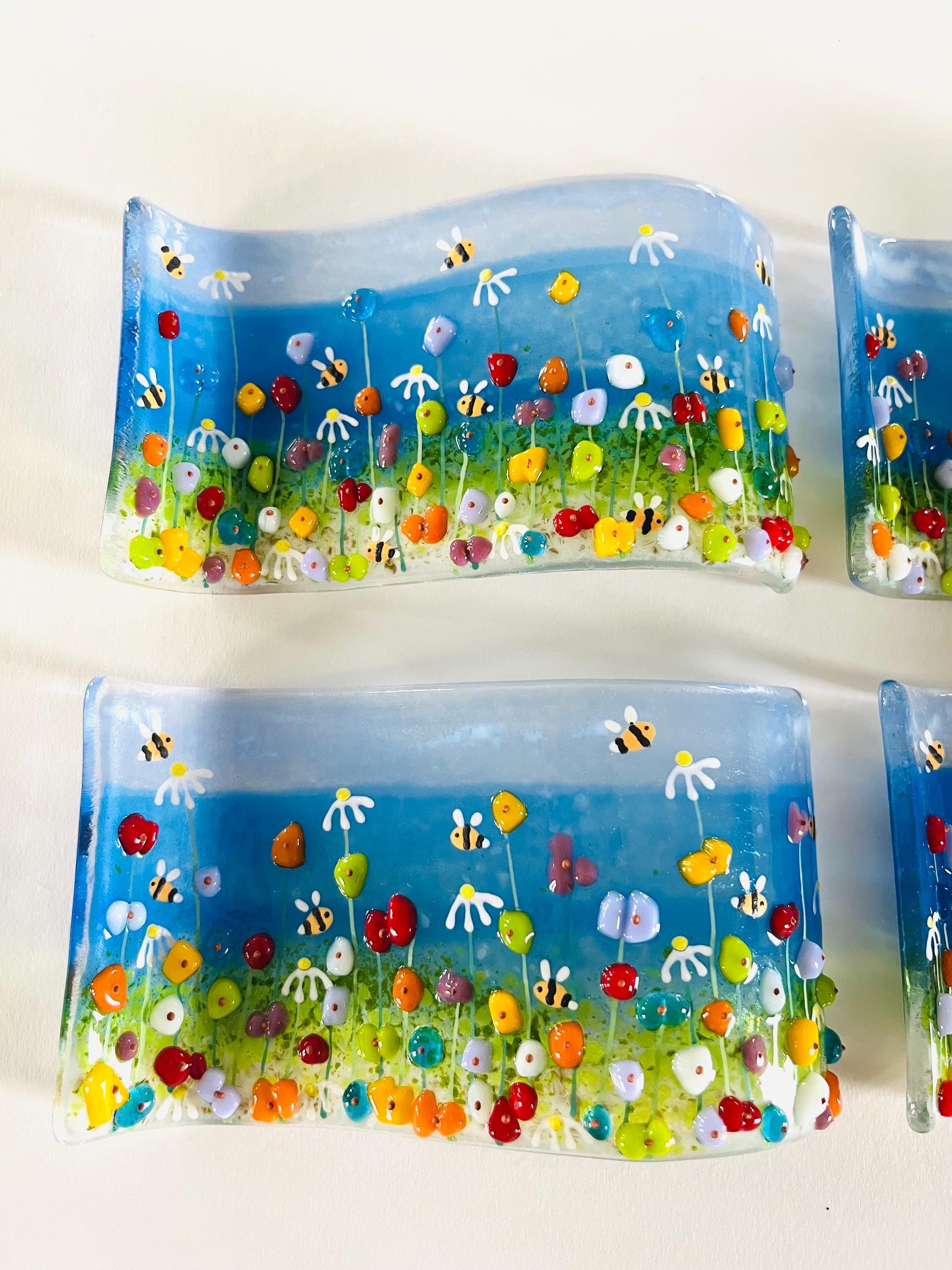 Fused Glass Cute Bees With Rainbow Flowers Art, Freestanding Wave ...