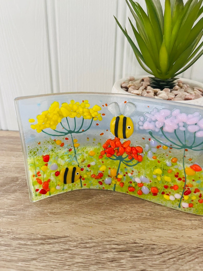 Fused Glass Flowers and Bees Art Freestanding Wave - Fused Glass ...