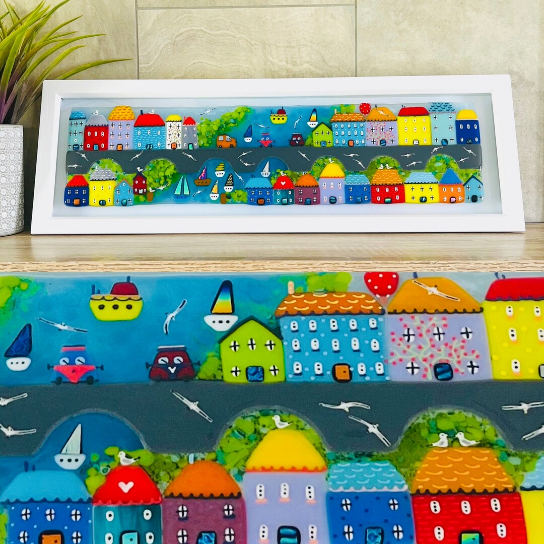 Colourful Fused Glass Cornish Coastal Scene Framed Wall Art, Cornish ...