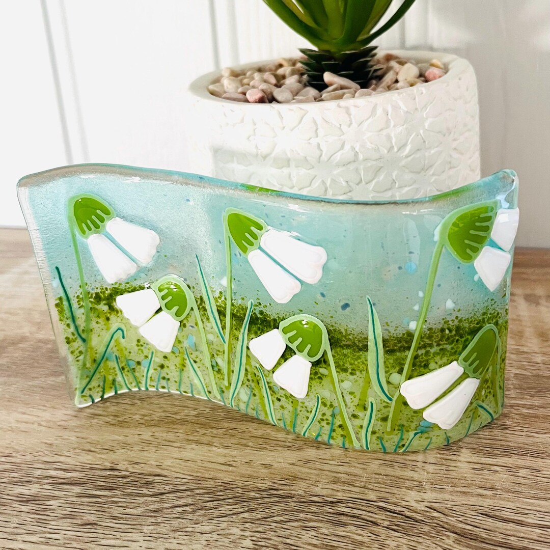Snowdrop Fused Glass Spring Art Freestanding Wave - Snowdrop Glass Art ...