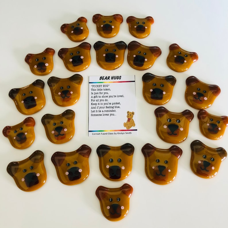 Fused Glass Bear Hugs Pocket Token - Fused Glass Flower Hangers ...