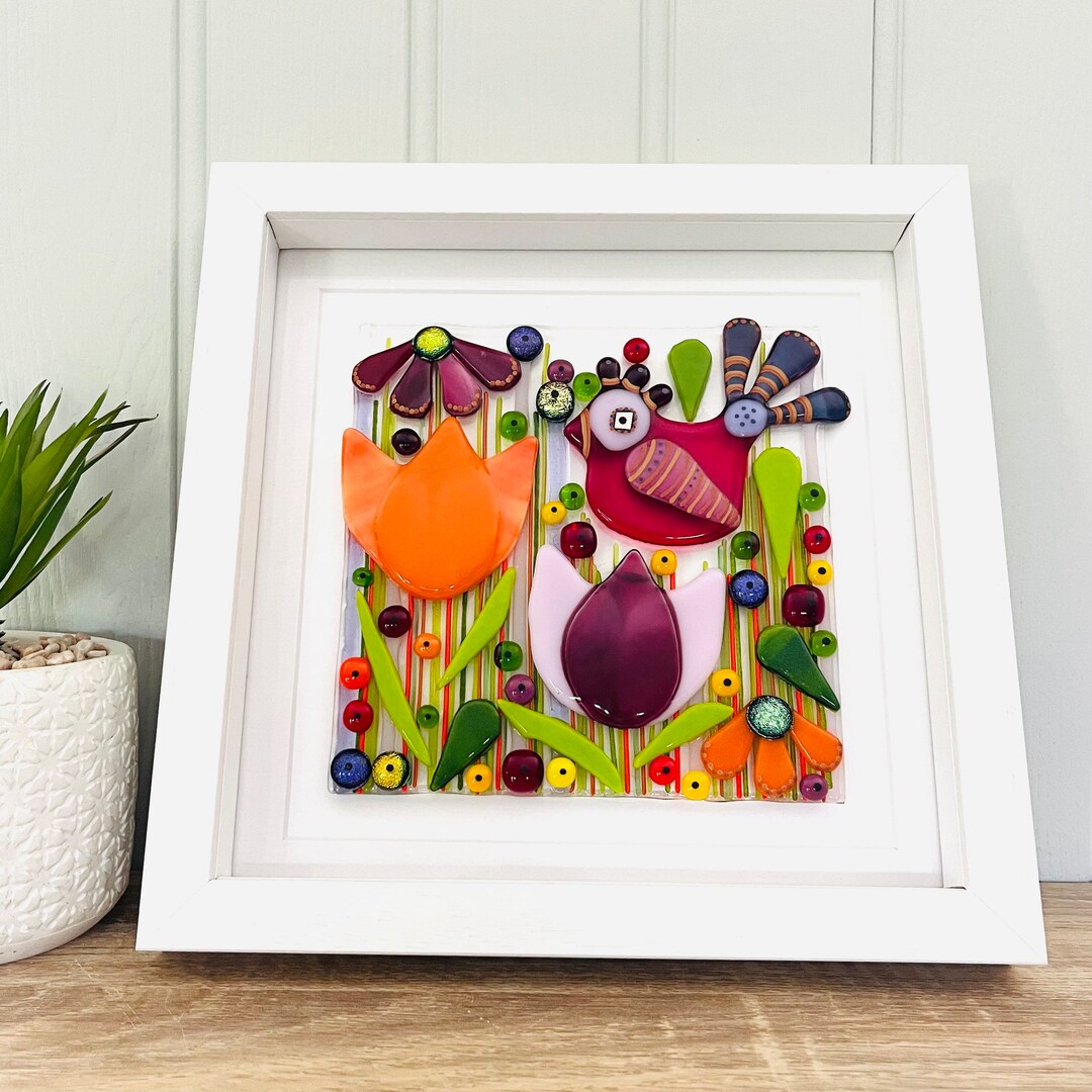 Fused Glass Funky Retro Bird and Flowers Art Fused Glass, Cornish Fused ...