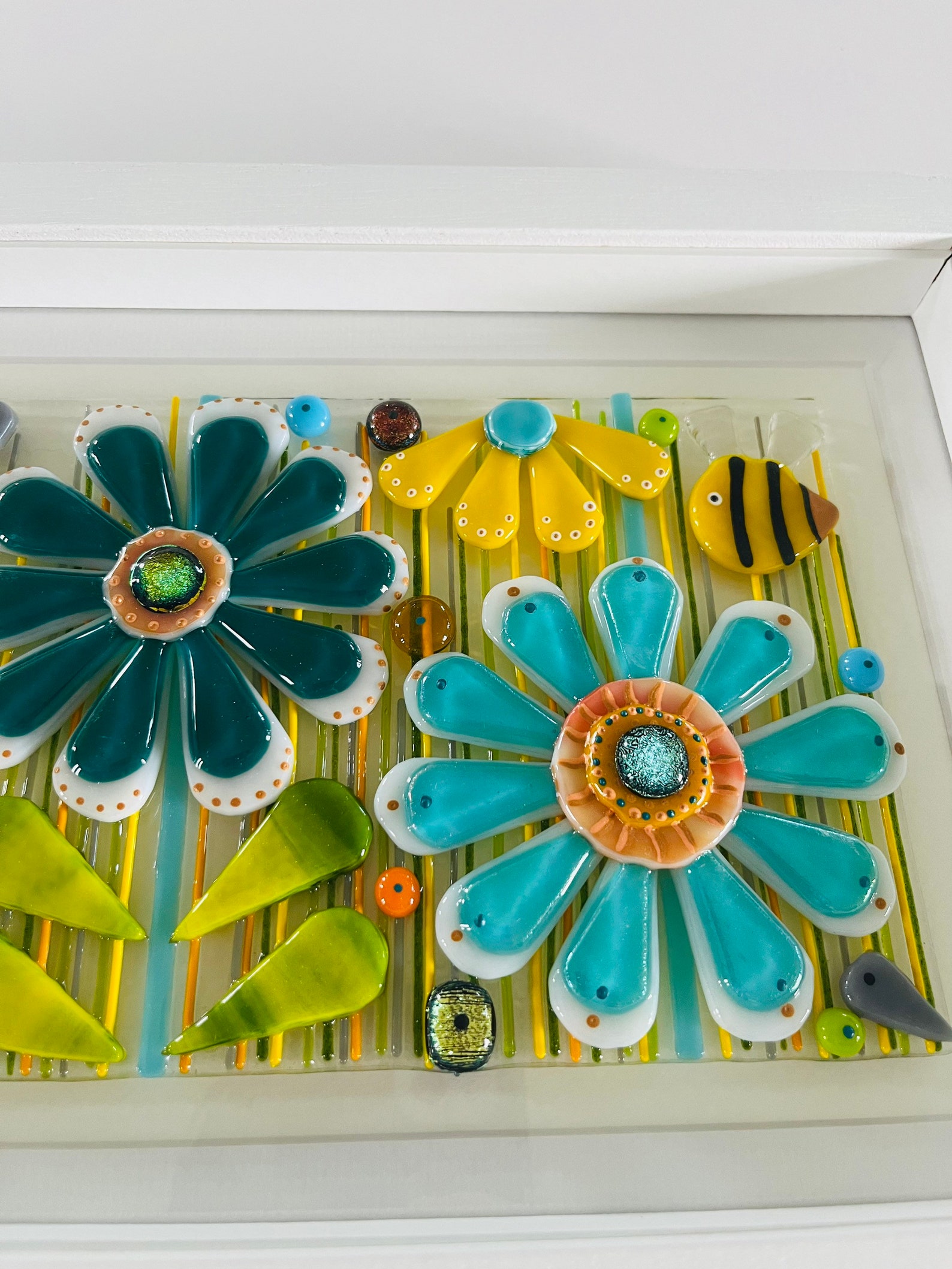 Fused Glass Fun Flowers and Bird Framed Art - Fused Glass, Cornish ...