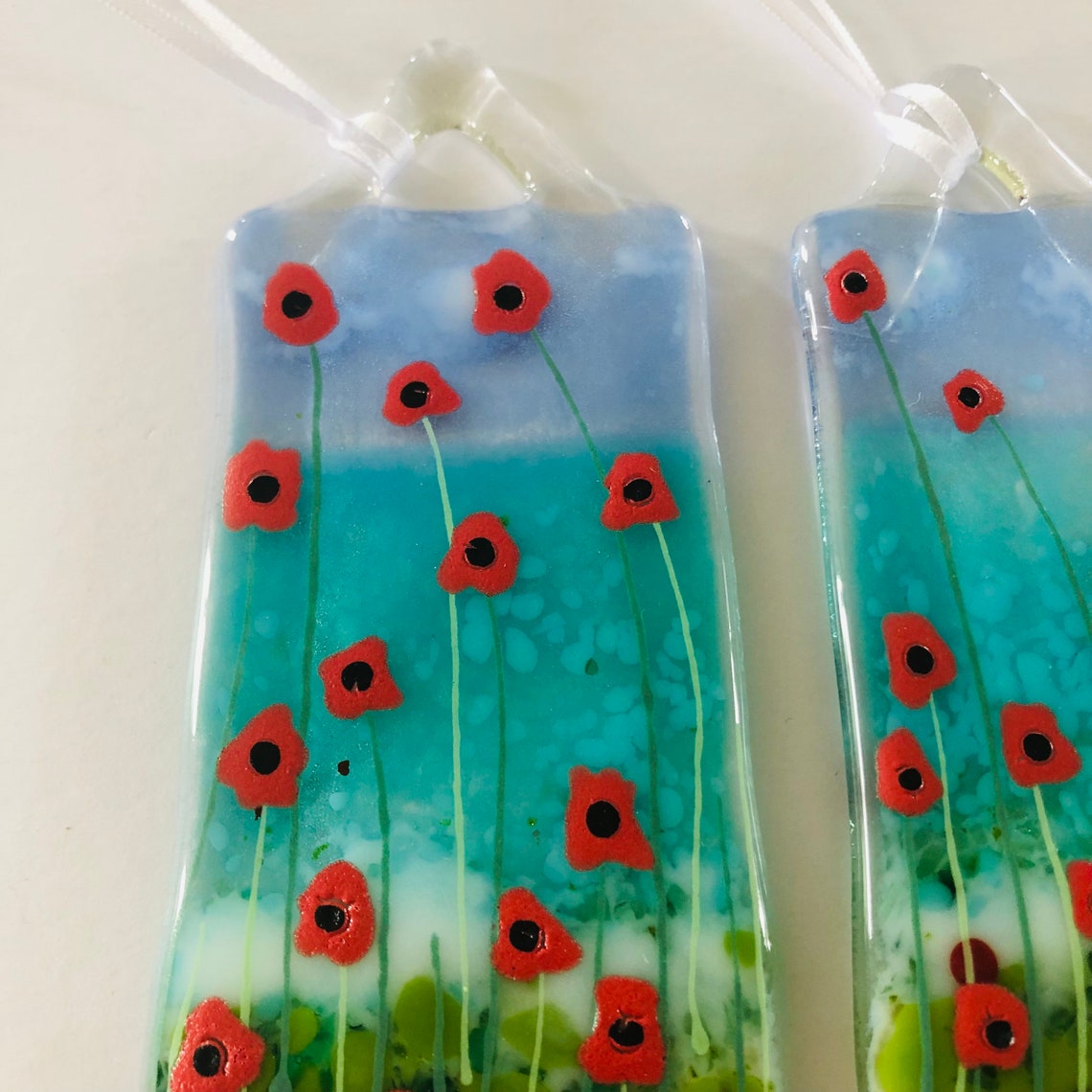 Fused glass coastal poppy sun catcher glass decoration | Etsy