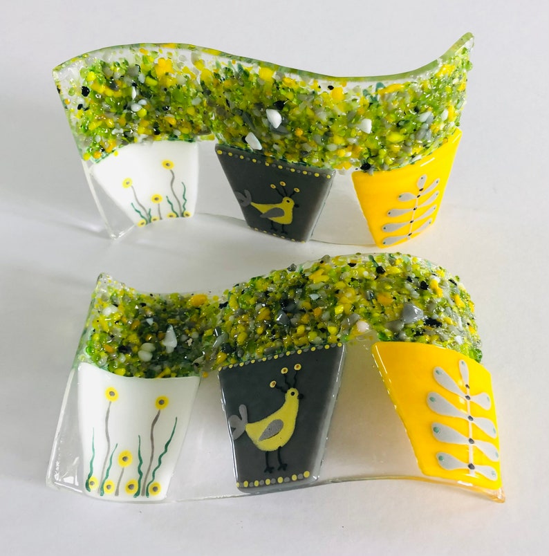 Fused Glass Yellow and Grey Retro Art Wave Cornish Fused | Etsy