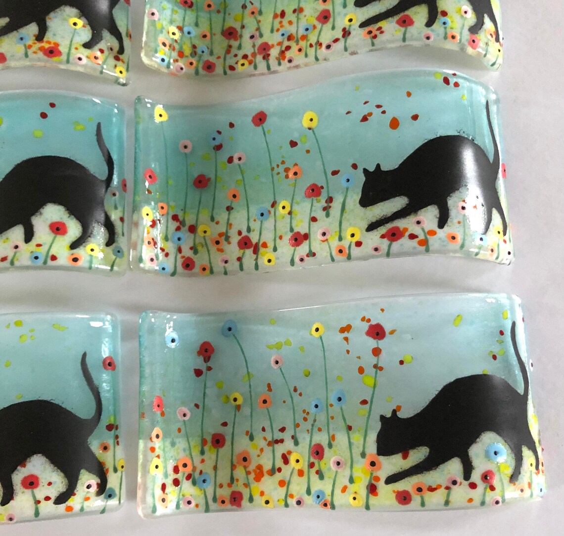 Fused glass art cat memorial gift fused glass wave floral | Etsy