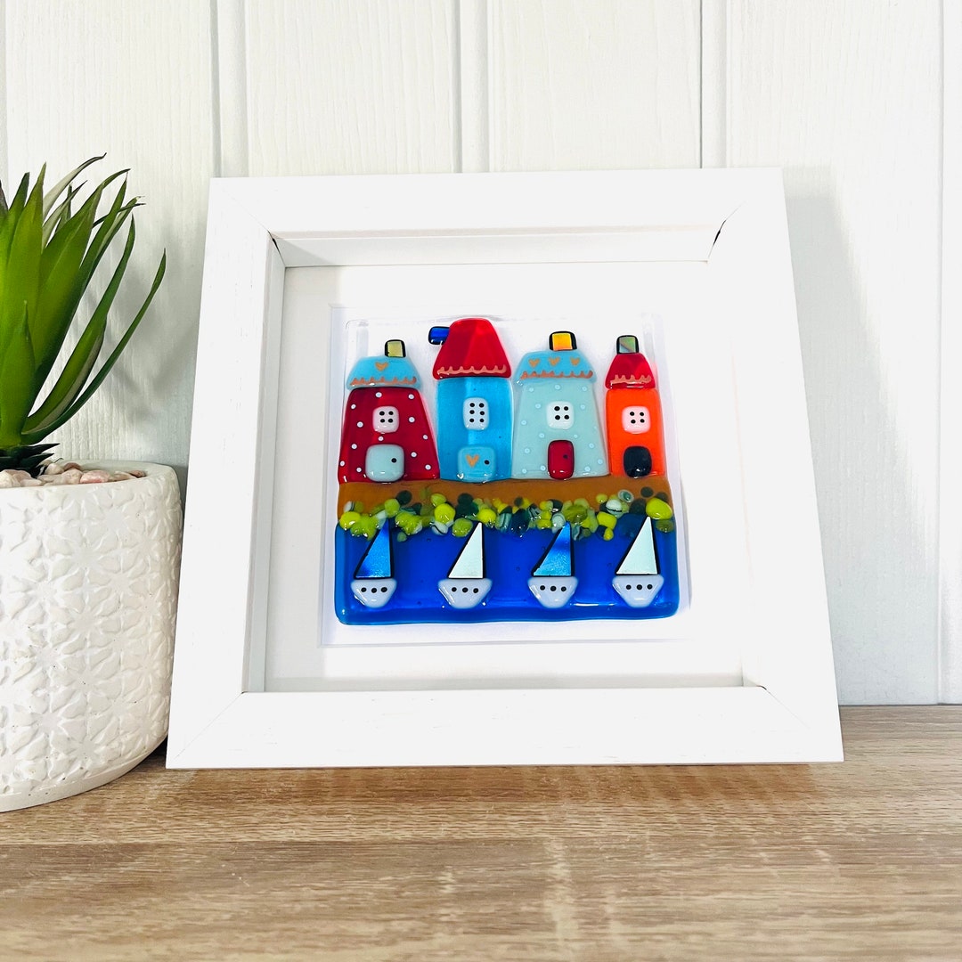 Fused Glass- Cornish Seaside Harbour and Houses Art, Poldark, Coastal ...