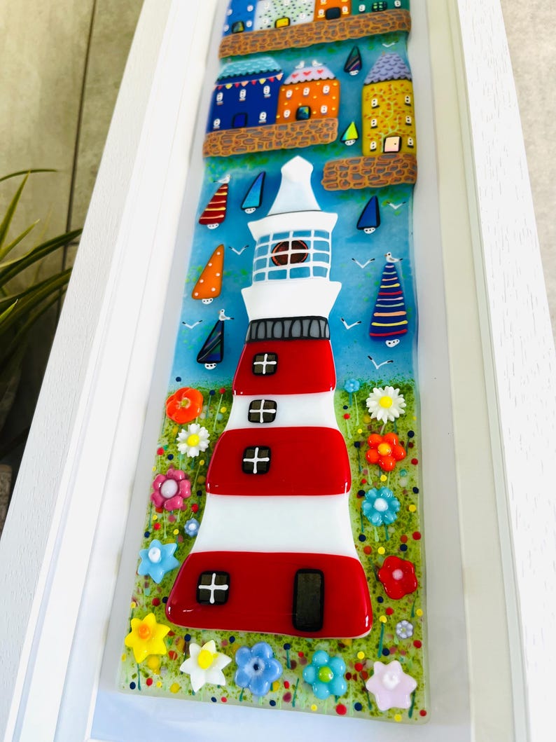 Fused Glass Devon Inspired Coastal Town With Lighthouse Framed Wall Art ...