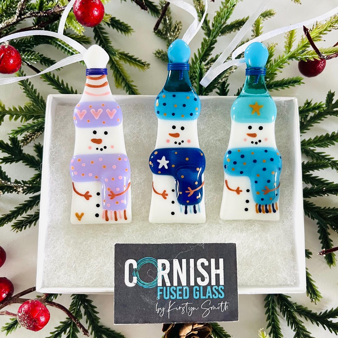 Fused Glass Snowman Christmas Tree Box Set Decorations, Snowman ...