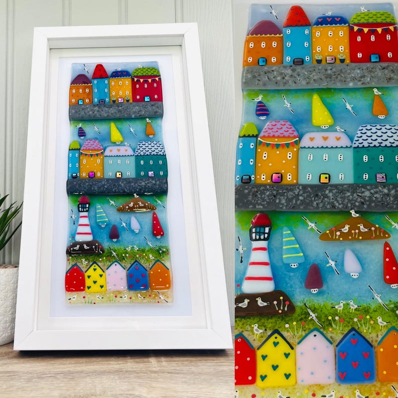 Devon Inspired Lighthouse Seaside Harbour Fused Glass Art, Fused Glass ...