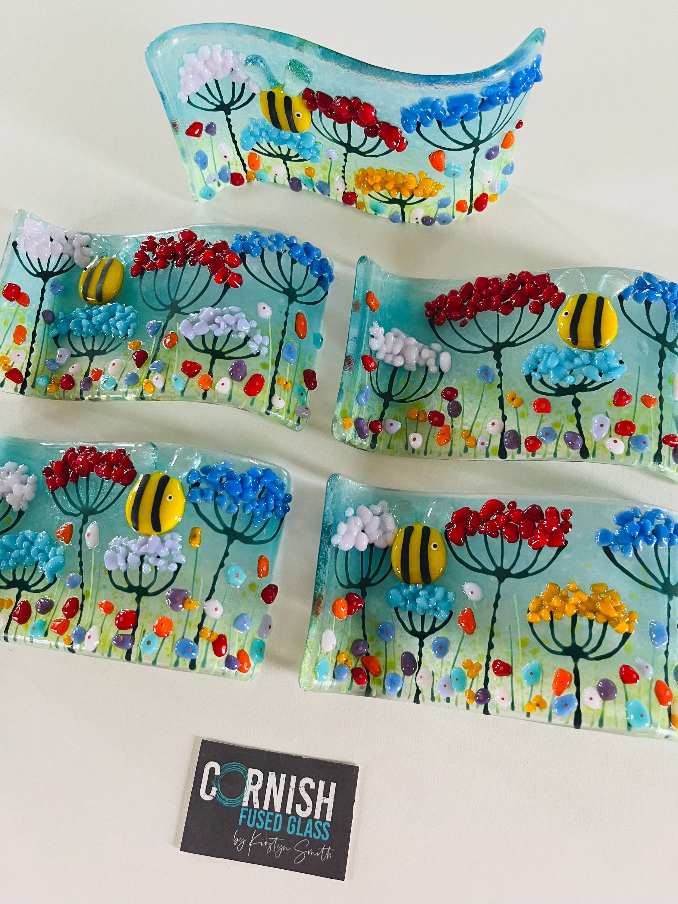 Fused Glass Flowers and Bees Art Freestanding Wave - Fused Glass ...