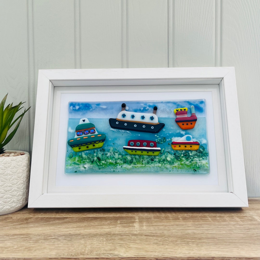 Fused Glass Fun Boat and Sea Art, Cornish Fused Glass, Fused Glass ...