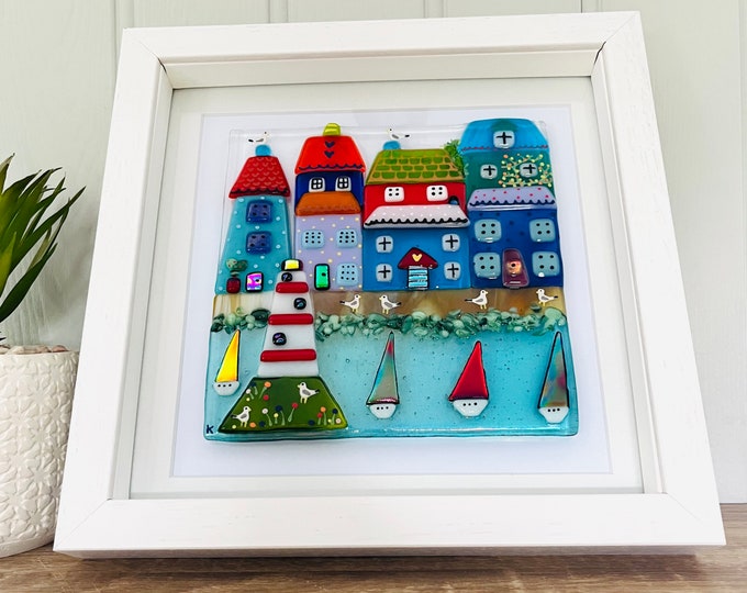Fused Glass- Cornish Seaside Harbour and Houses Art, Poldark, Coastal ...