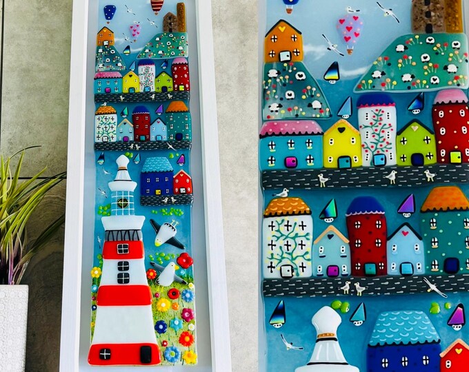Fused Glass Cornish Coastal Town Framed Wall Art, Cornish Fused Glass ...