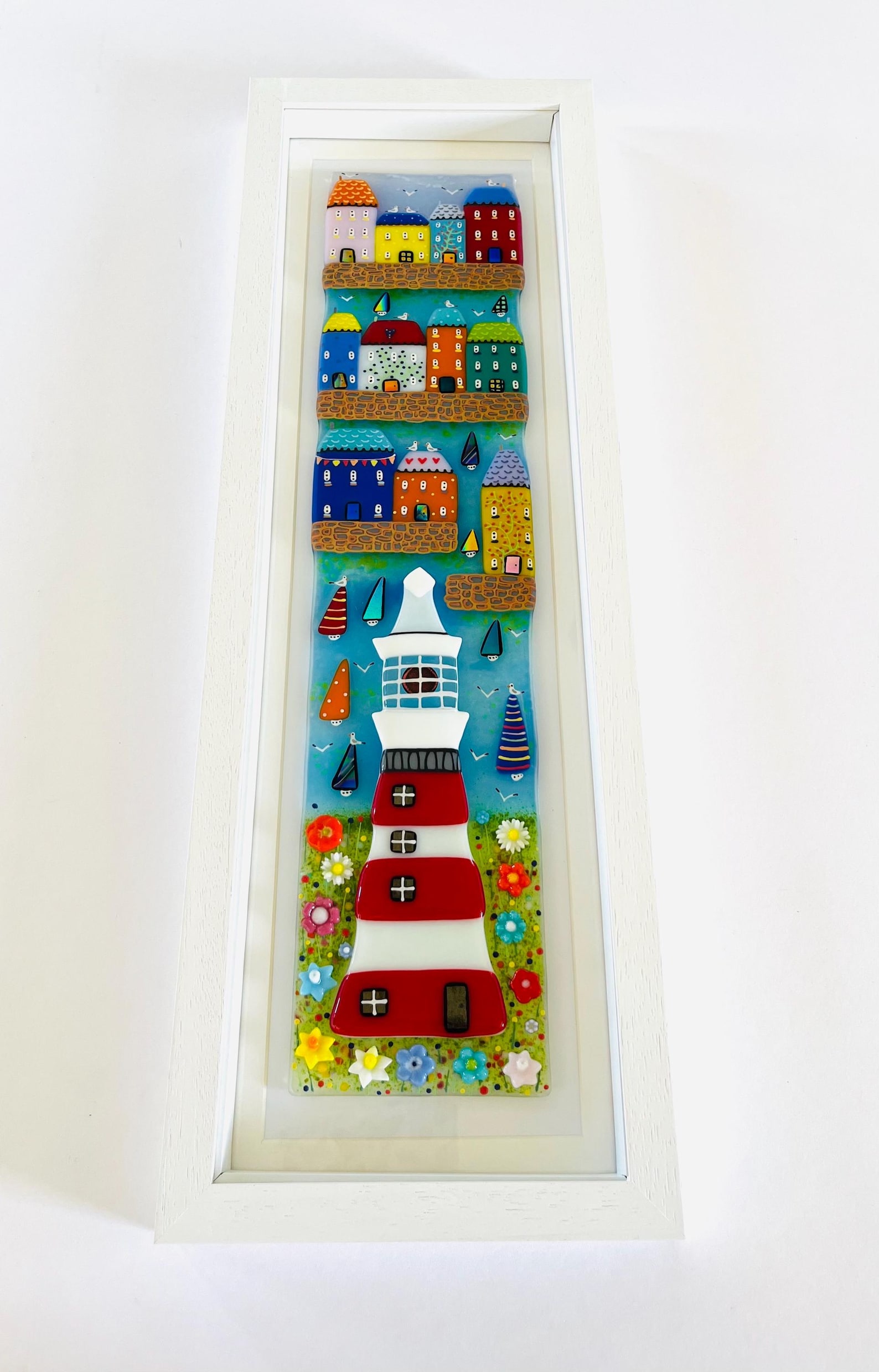Fused Glass Devon Inspired Coastal Town With Lighthouse Framed Wall Art ...