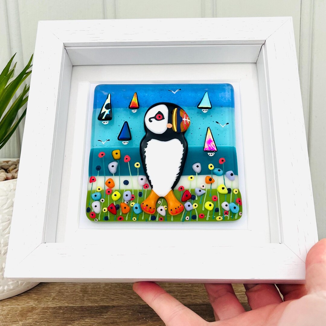 Fused Glass Puffin With Sailboats and Flowers Framed Art, Fused Glass ...