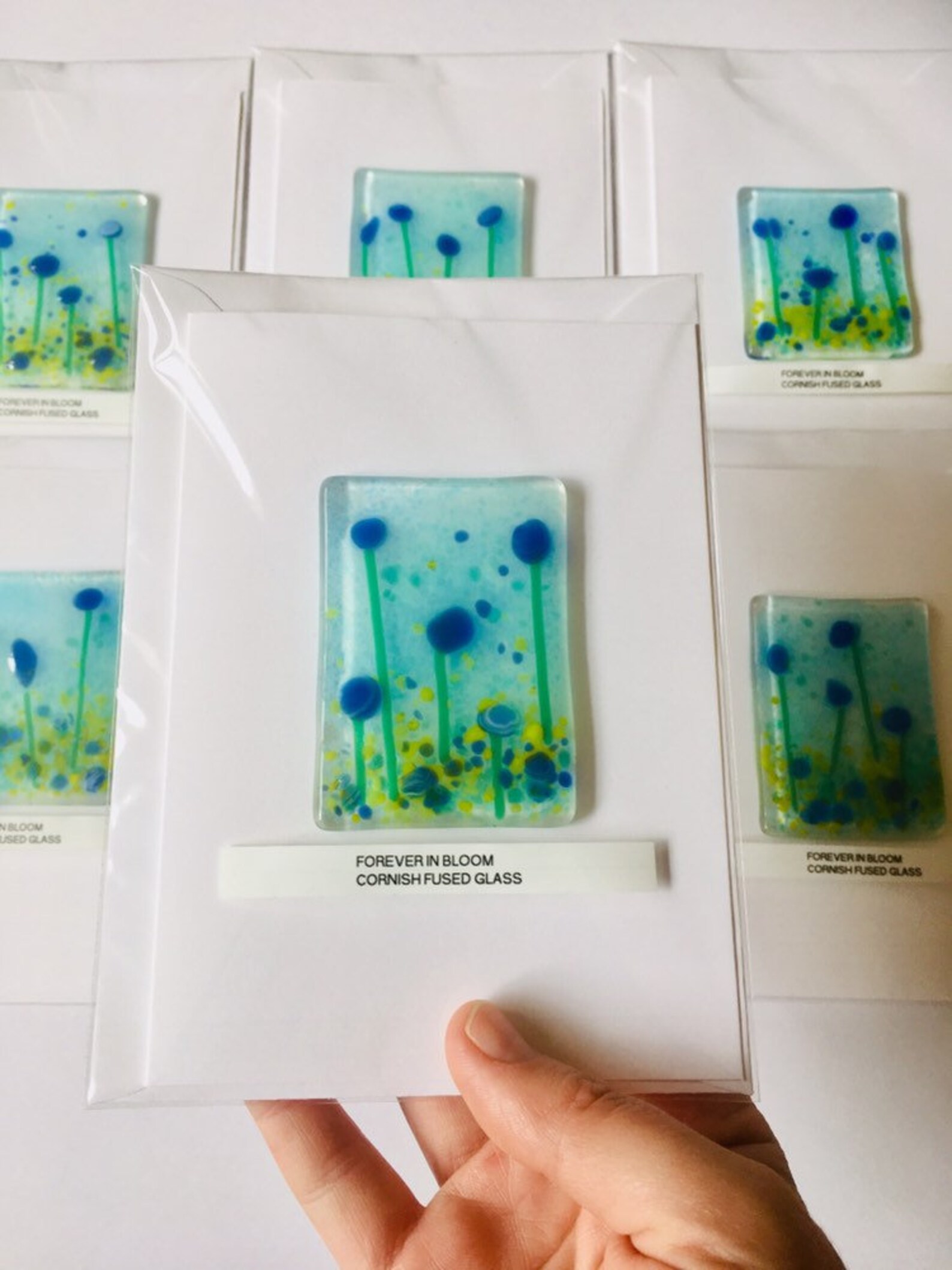 Fused Glass Greetings Card - Blue Flowers Picture, Cornish Fused Glass ...
