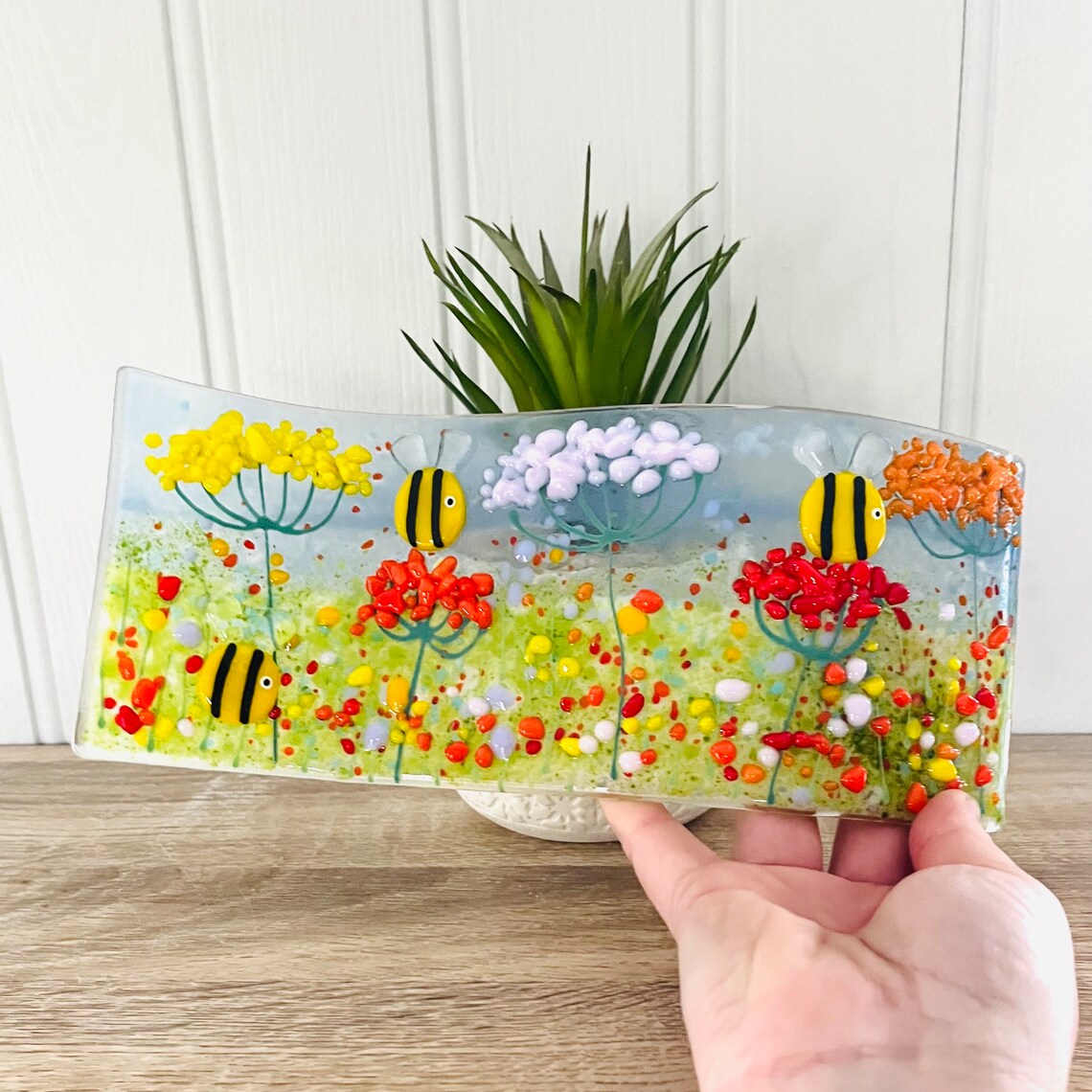 Fused Glass Flowers and Bees Art Freestanding Wave - Fused Glass ...