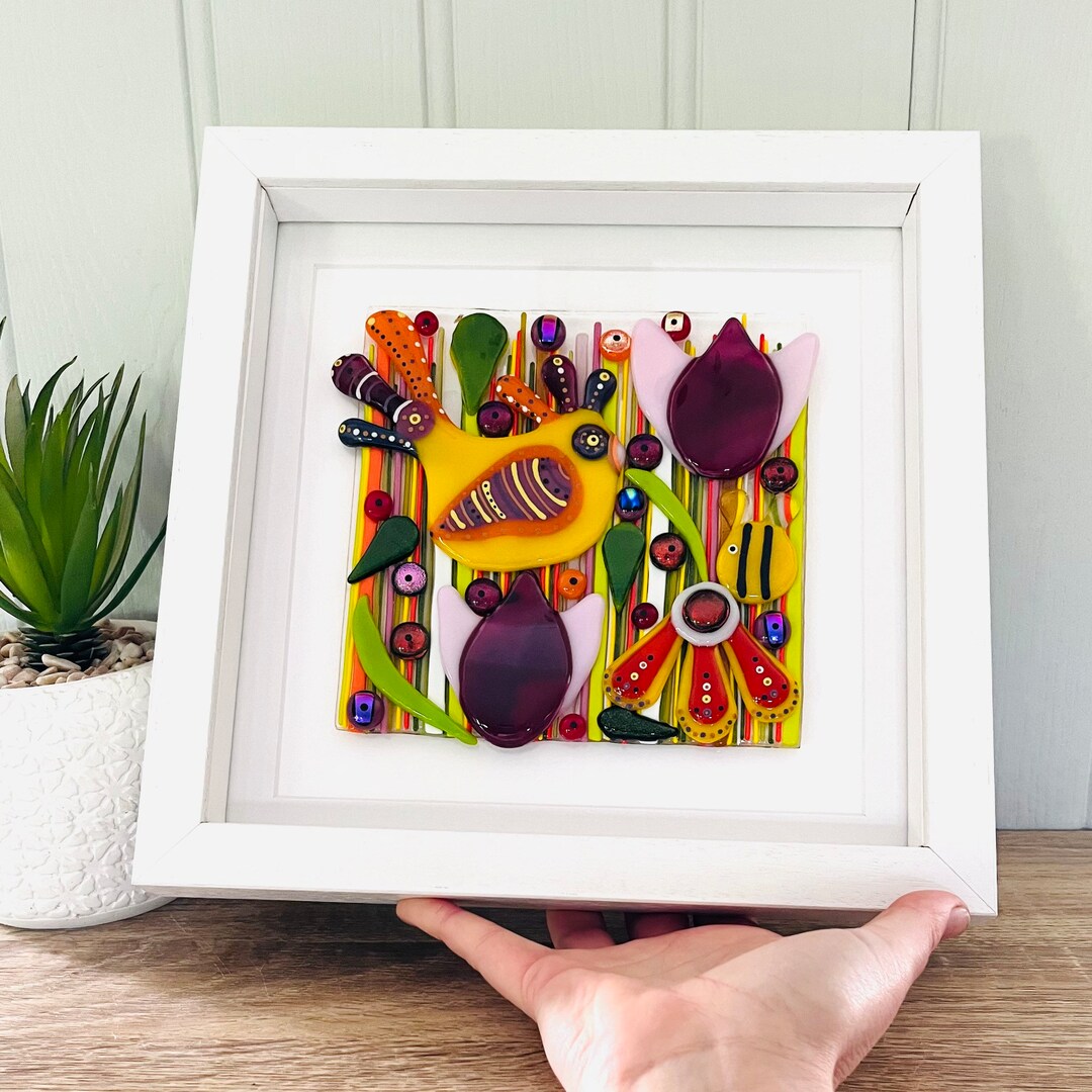Fused Glass Funky Retro Bird and Flowers Art Fused Glass, Cornish Fused ...