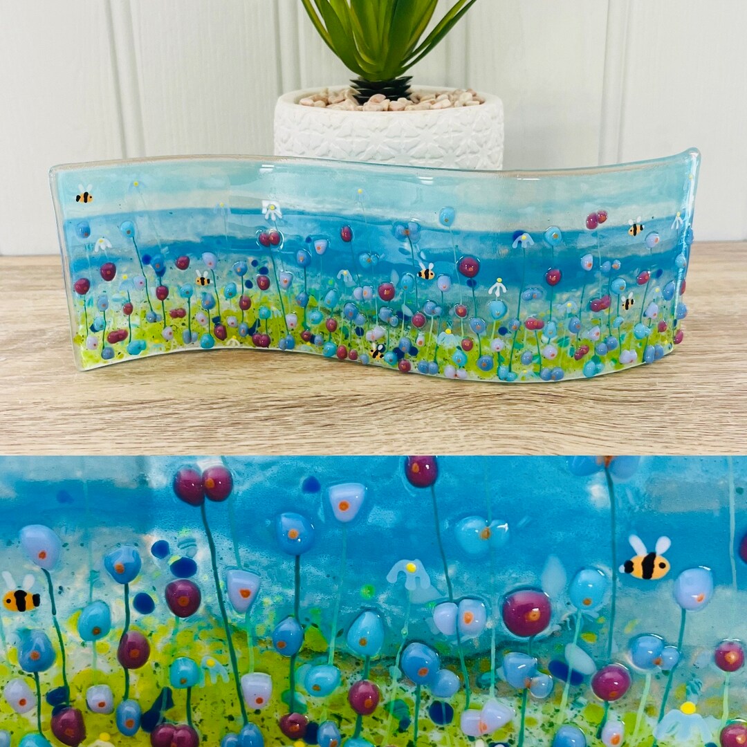 Fused Glass Beautiful Floral Art With Bees, Freestanding Wave - Fused ...