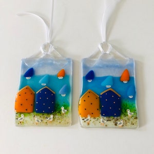Fused Glass Beach Hut and Boats Sun Catcher, Fused Glass Art, Cornish ...