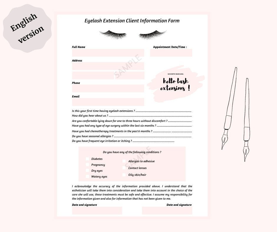 EYELASH extensions FORMS, Client Consent form, Client Application form ...