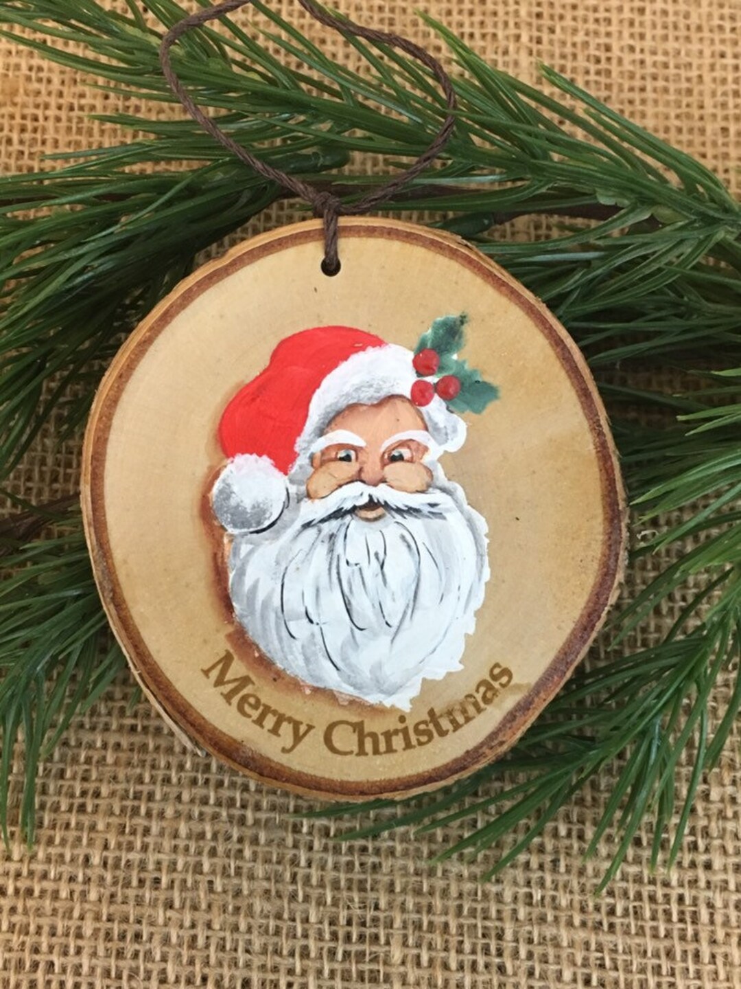 Hand-painted Santa Claus Birch Slice Ornament, Rustic Christmas Decor ...