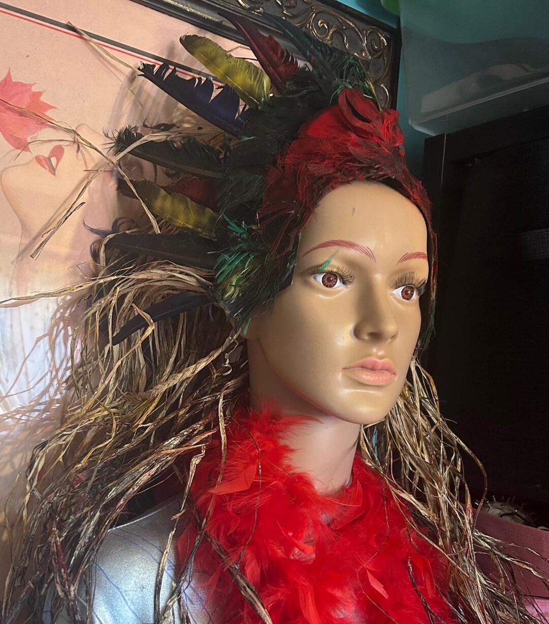 Distressed Feather Headdress, With Added Raffia and Paint. - Etsy