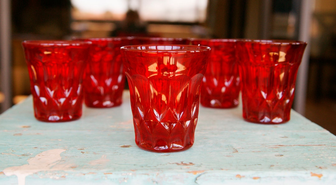 Vintage Ruby Red Drinking Glasses Mid Century Glassware Barware Set of ...