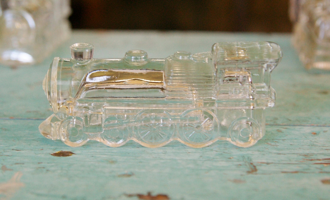 Vintage Glass Train Shaped Pressed Glass Candy Container Locomotive ...