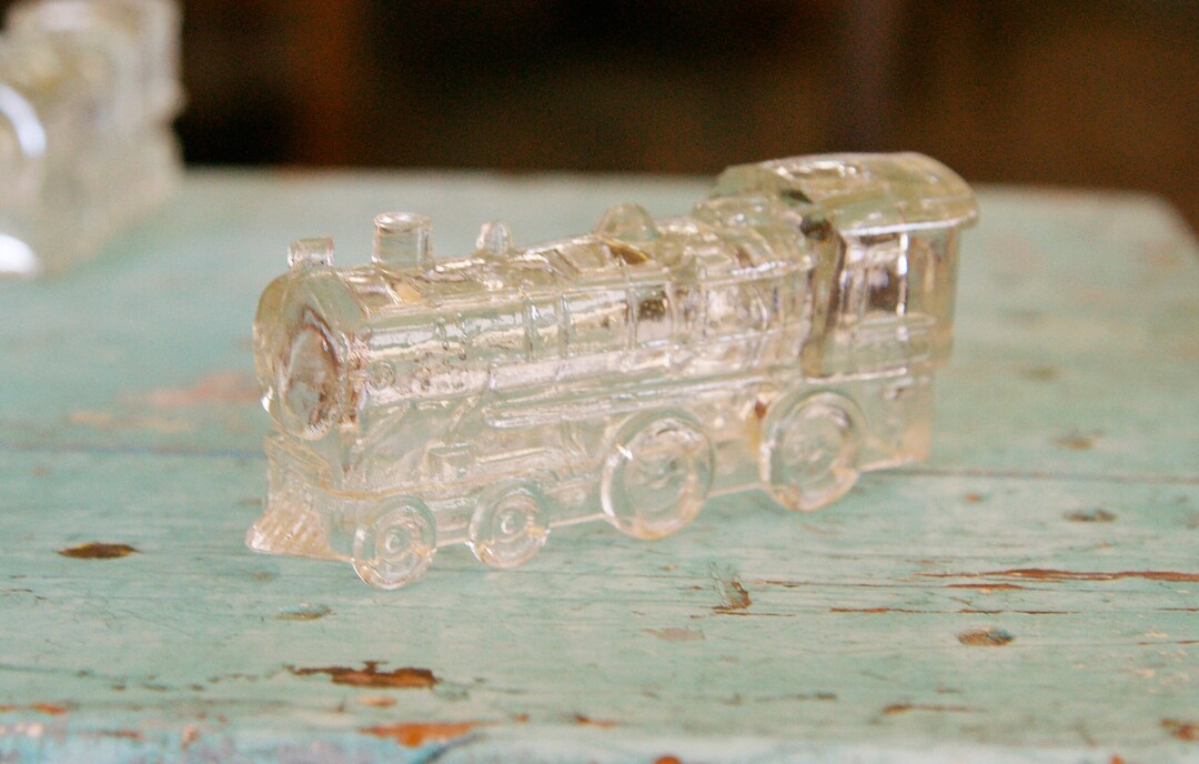 Vintage Glass Train Shaped Pressed Glass Candy Container Locomotive ...
