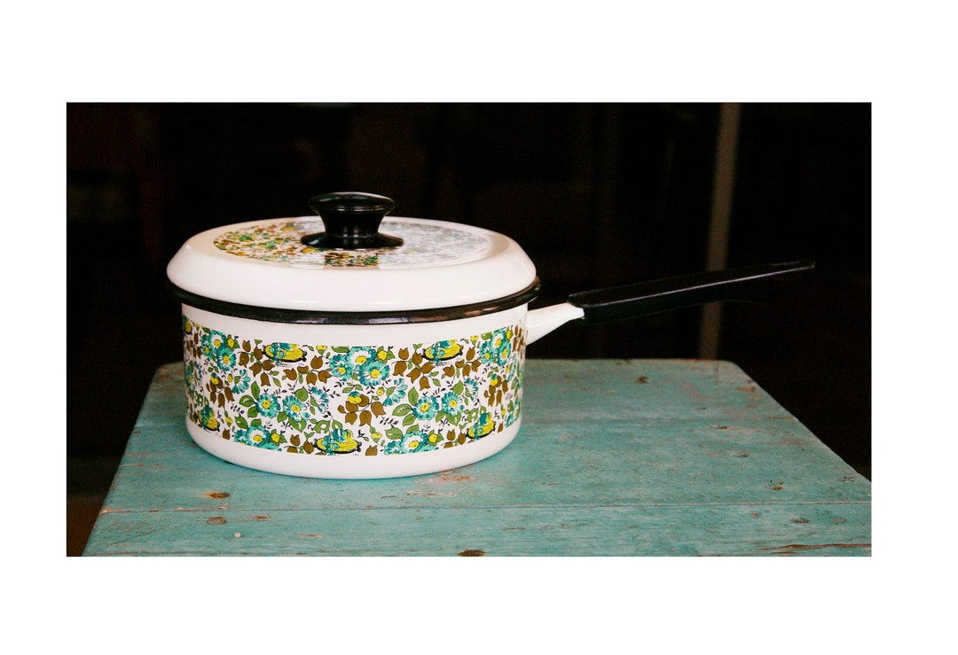 Vintage Enamel Pot With Lid Floral Pattern Fancipans Enamelware Blue ...