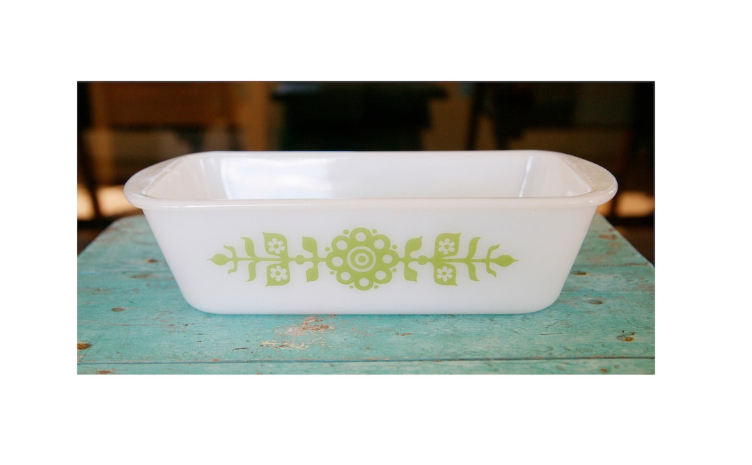 Vintage Glasbake Loaf Dish W/ Green Floral Design Loaf Pan Casserole ...
