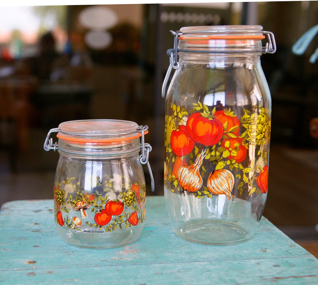 2 Vintage ARC Glass Jars Vegetable Canisters Latch Lids Made in France ...