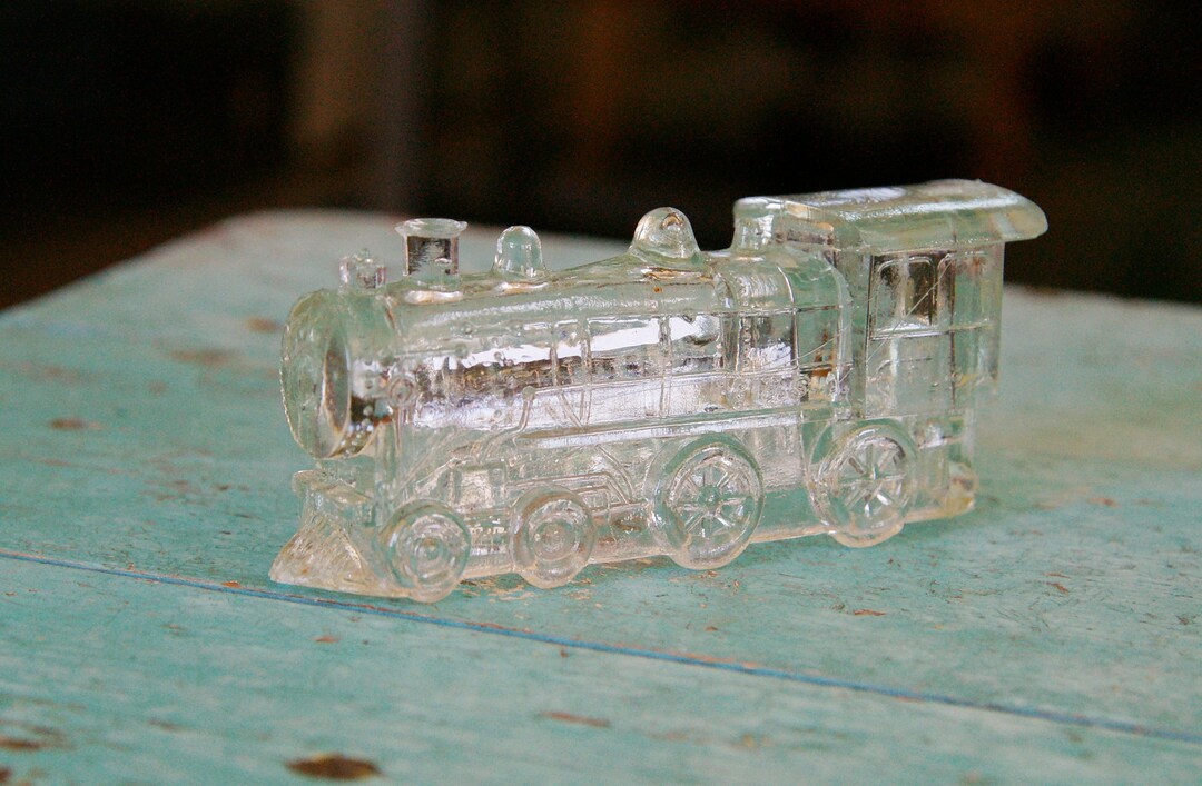 Vintage Glass Train Shaped Pressed Glass Candy Container USA Locomotive ...