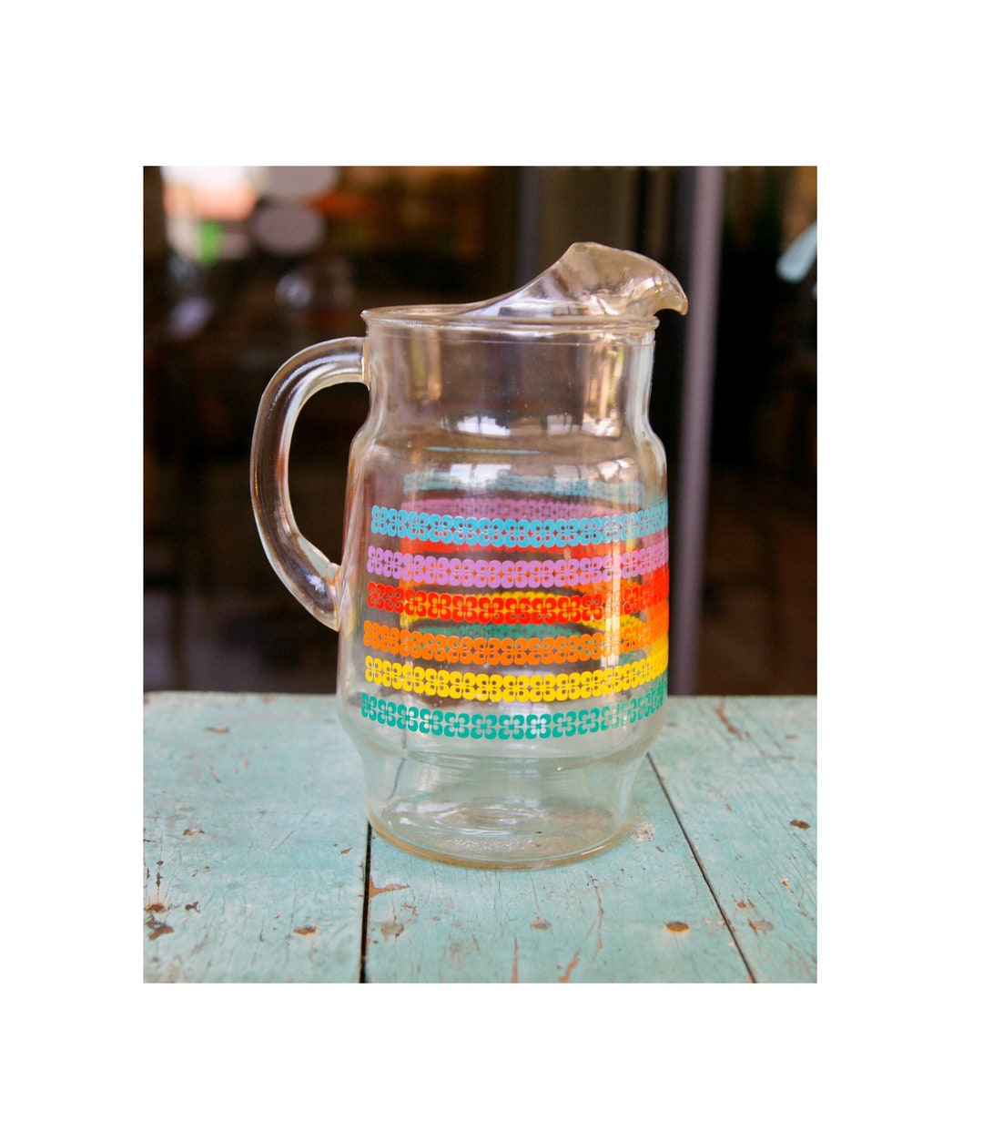 Vintage Anchor Hocking Glass Pitcher Rainbow Flowers With Ice Lip 2 Qt ...